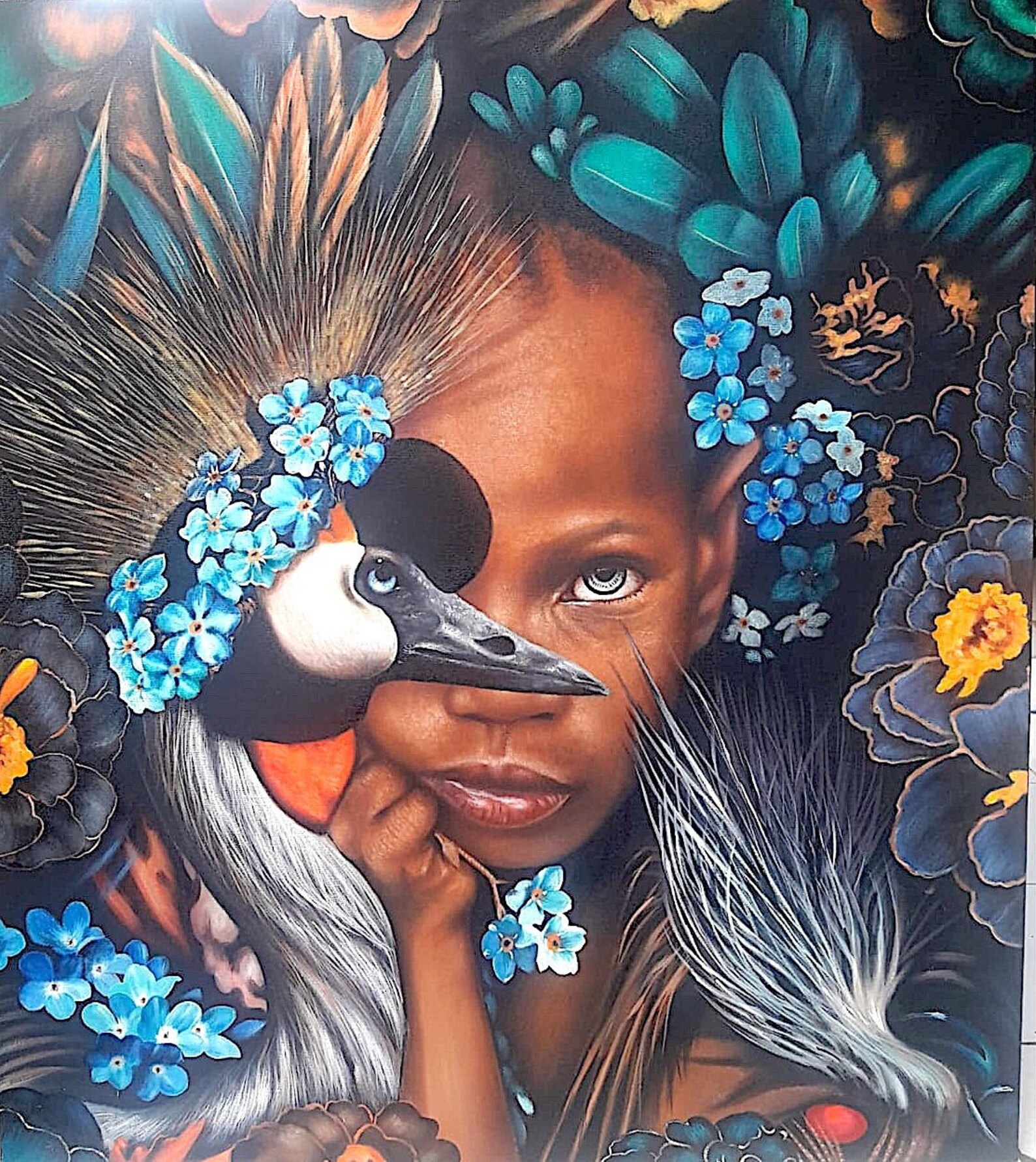 Jungle Child Portrait With Birds and Flowers, Large ORIGINAL Painting ...