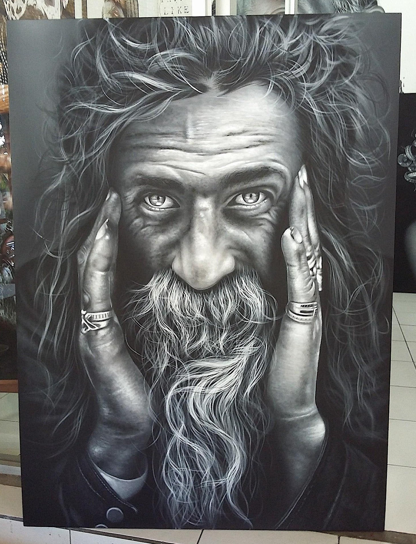 Extra Large Original Handmade Portrait of a Man With Beard, Black and ...