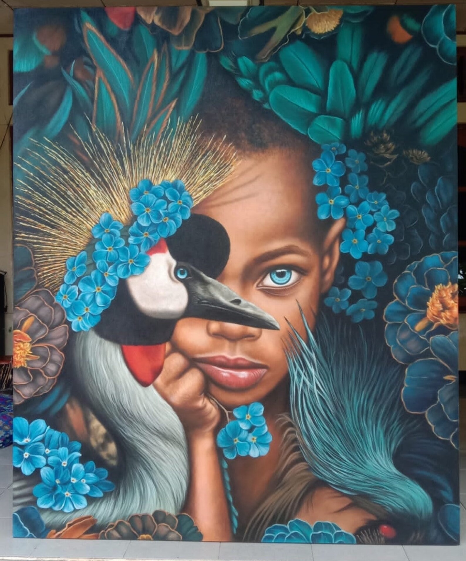 Jungle Child Portrait With Birds and Flowers, Large ORIGINAL Painting ...