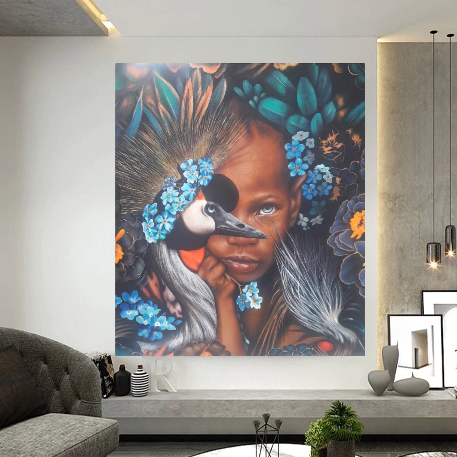 Jungle Child Portrait With Birds and Flowers, Large ORIGINAL Painting ...
