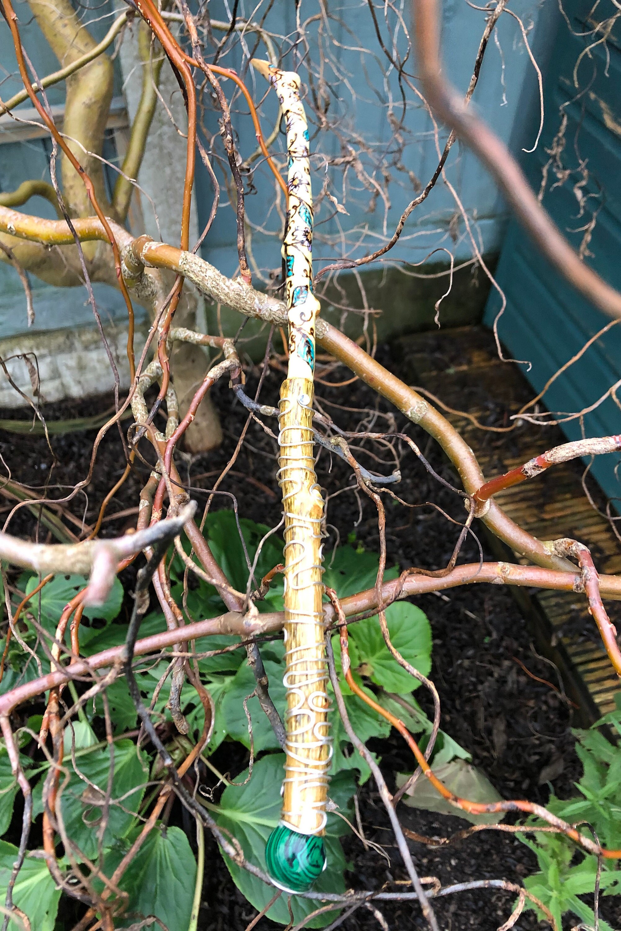 A 16 inch Handmade Hazel wand, with silver coloured wire, malachite ...