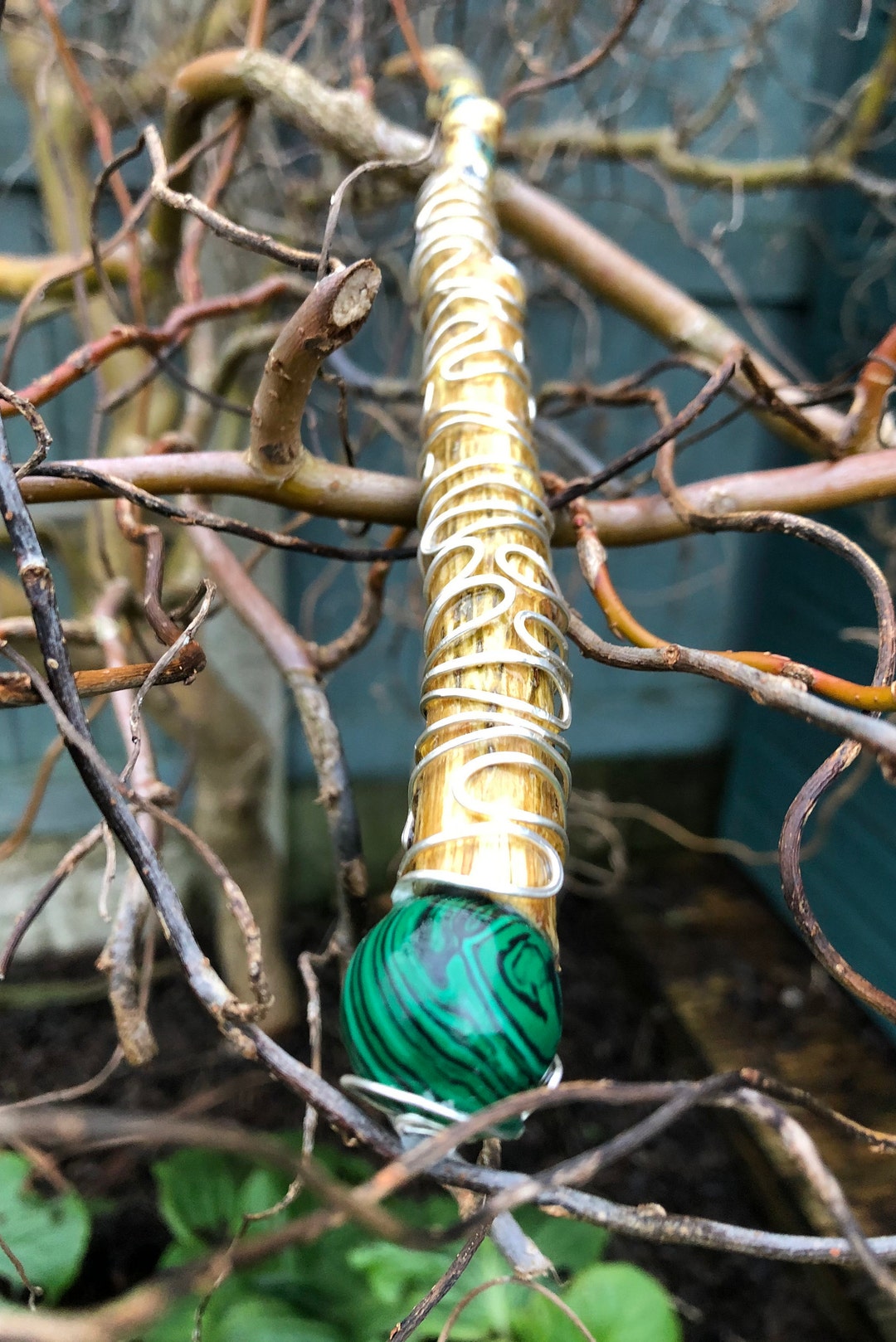 A 16 inch Handmade Hazel wand, with silver coloured wire, malachite ...