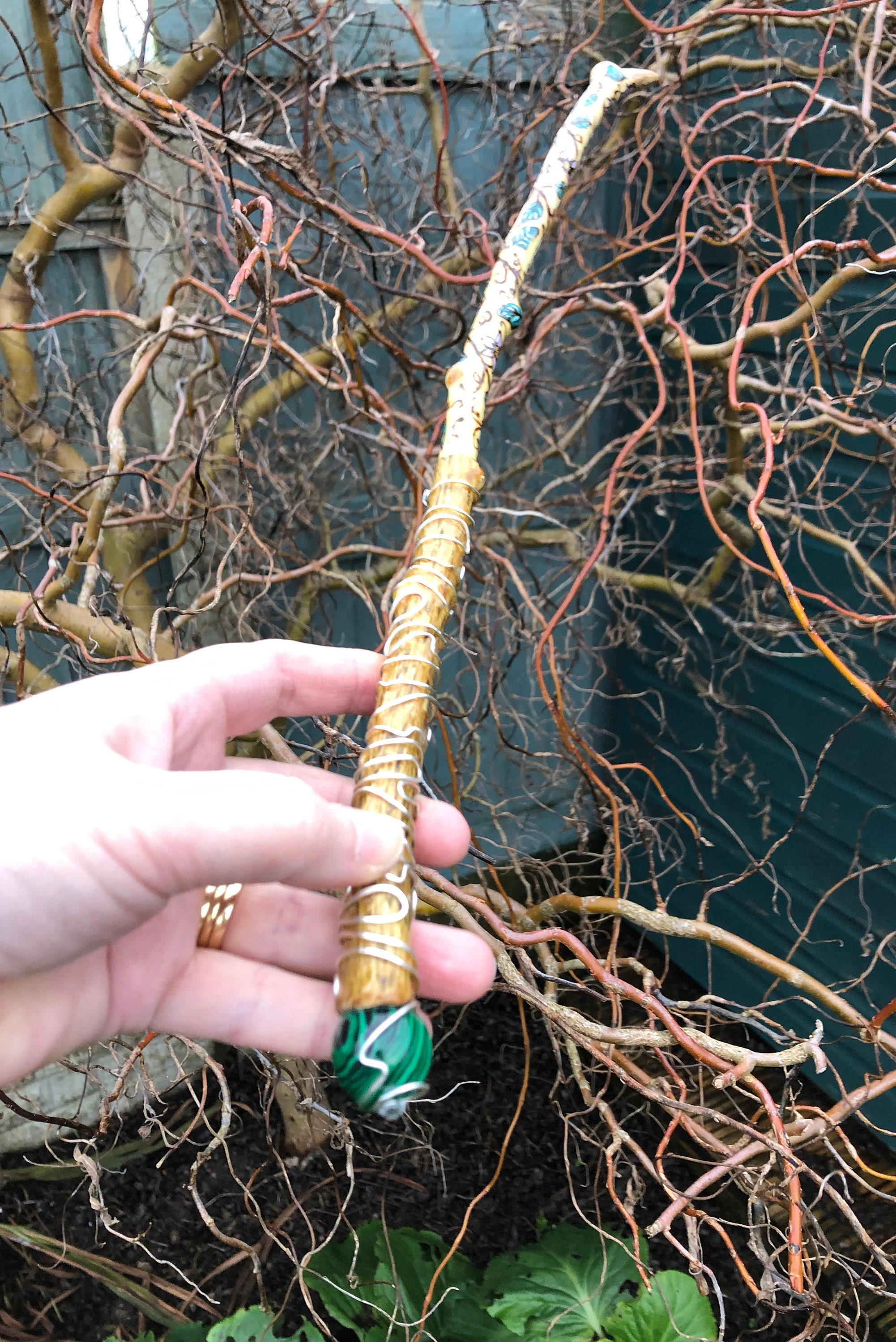A 16 inch Handmade Hazel wand, with silver coloured wire, malachite ...