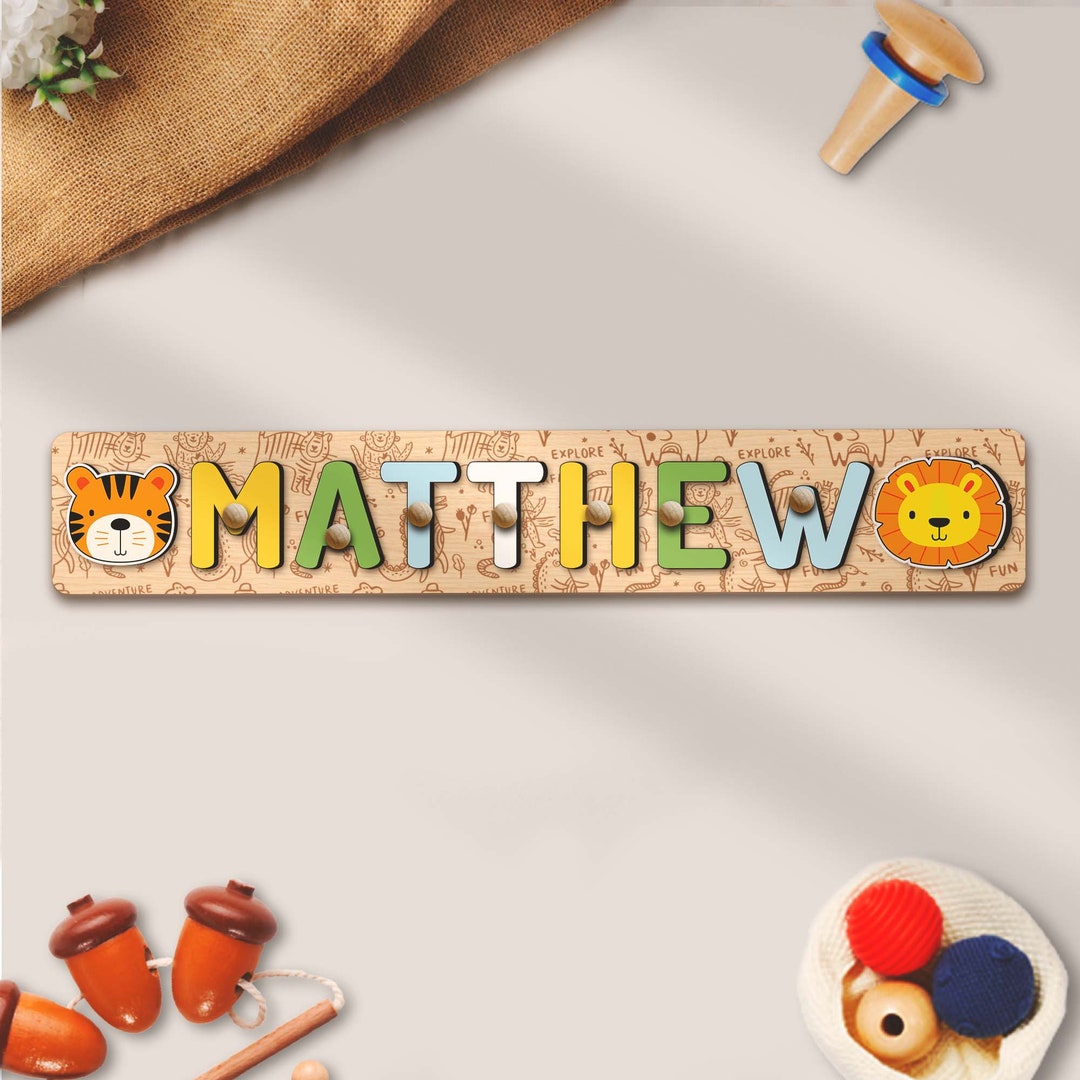 Safari Animal Name Puzzle Pattern Personalized Montessori Toy Wooden ...