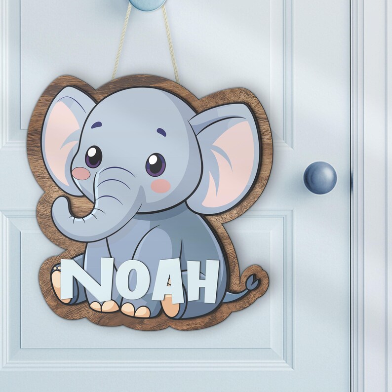 Custom Baby Name Sign Cute Elephant Door Sign Personalized Wooden Sign ...