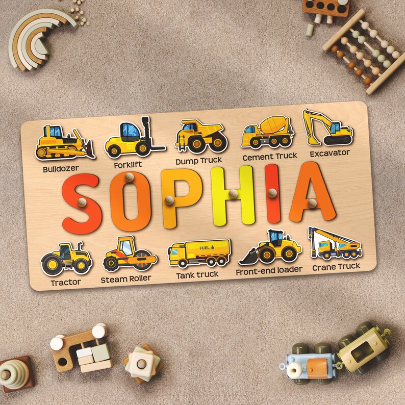 Construction Wooden Name Puzzle Dump Truck Crane Bulldozer Vehicles ...