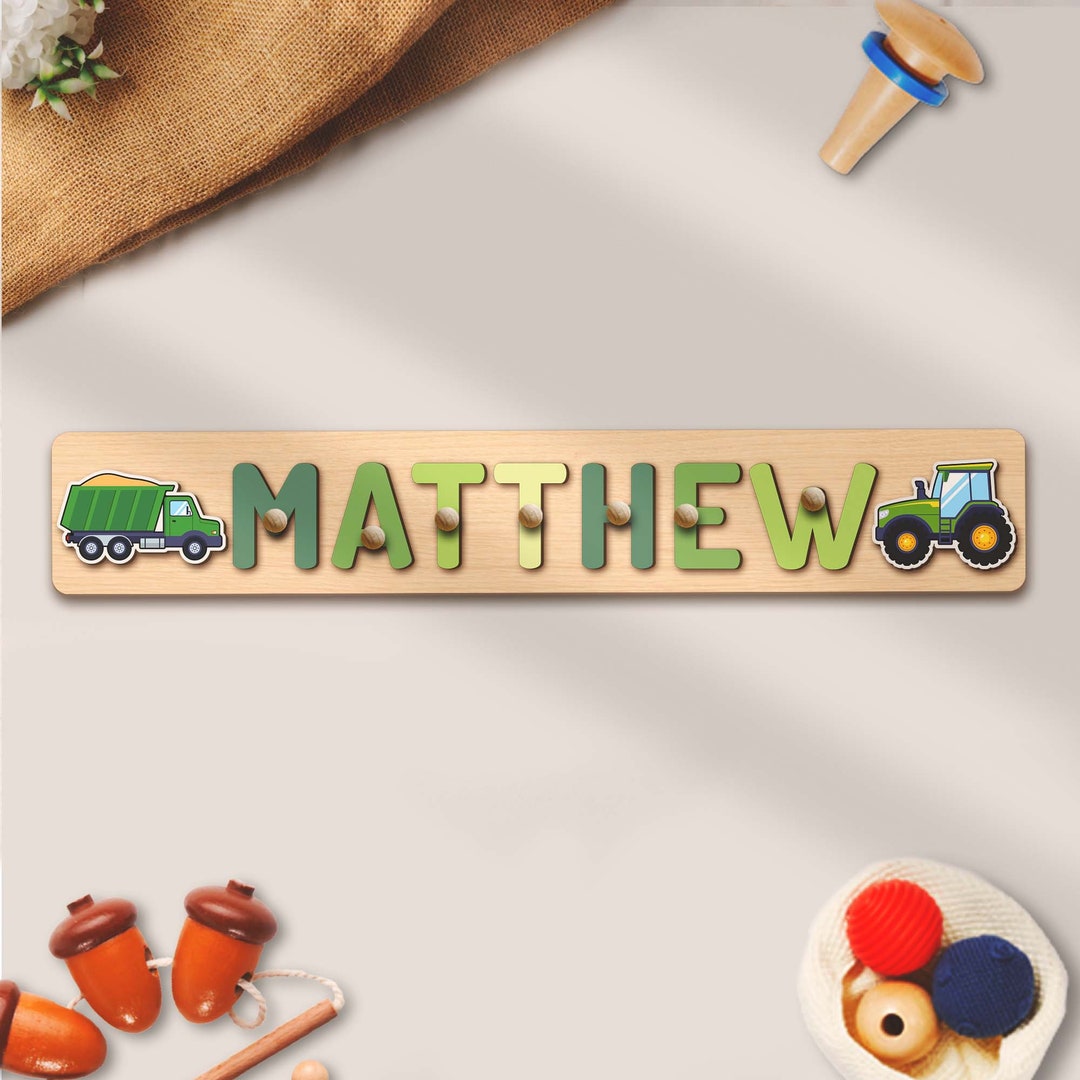 Green Tractor Name Puzzle Vehicle Car Themed Nursery Toddler Decor Baby ...
