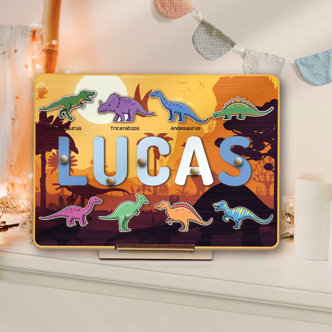 Dinosaur Name Puzzle With Pegs, Montessori Toy, 1st Christmas Gift for ...