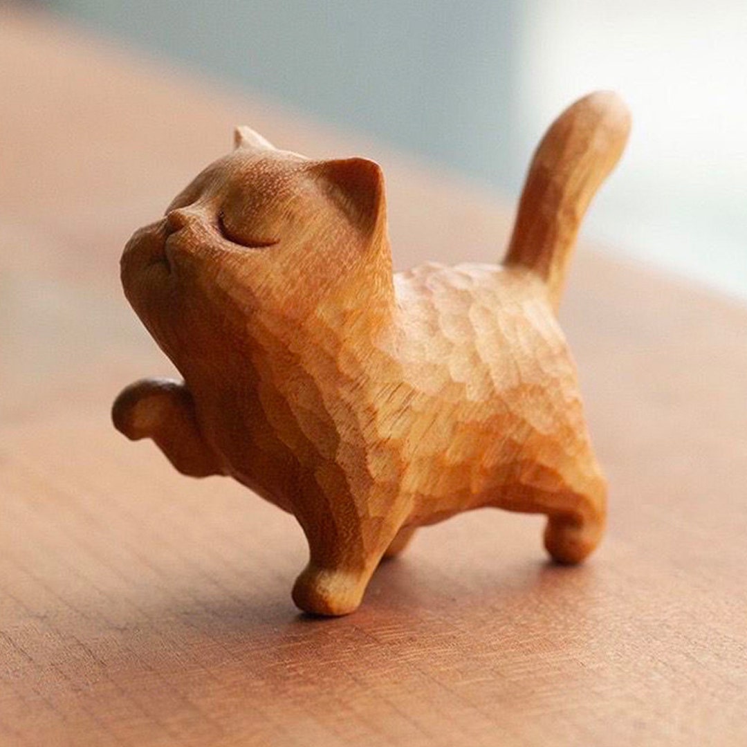 Handmade Wooden Cute Cat Statue Wood Kitten Figurines - Etsy UK