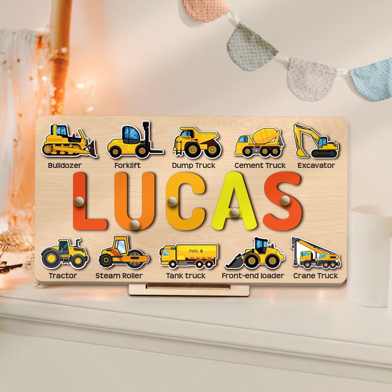 Construction Wooden Name Puzzle Dump Truck Crane Bulldozer Vehicles ...
