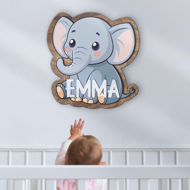 Custom Baby Name Sign Cute Elephant Door Sign Personalized Wooden Sign ...