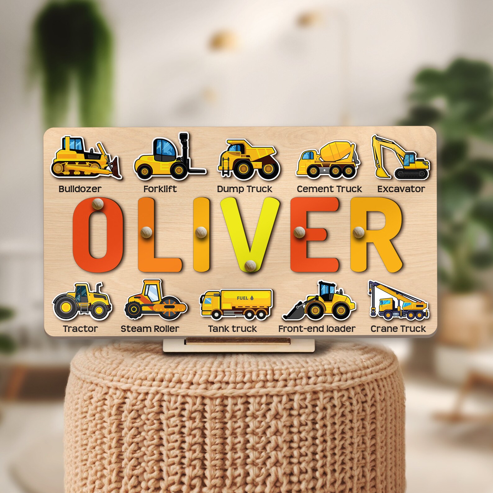 Construction Wooden Name Puzzle Dump Truck Crane Bulldozer Vehicles ...