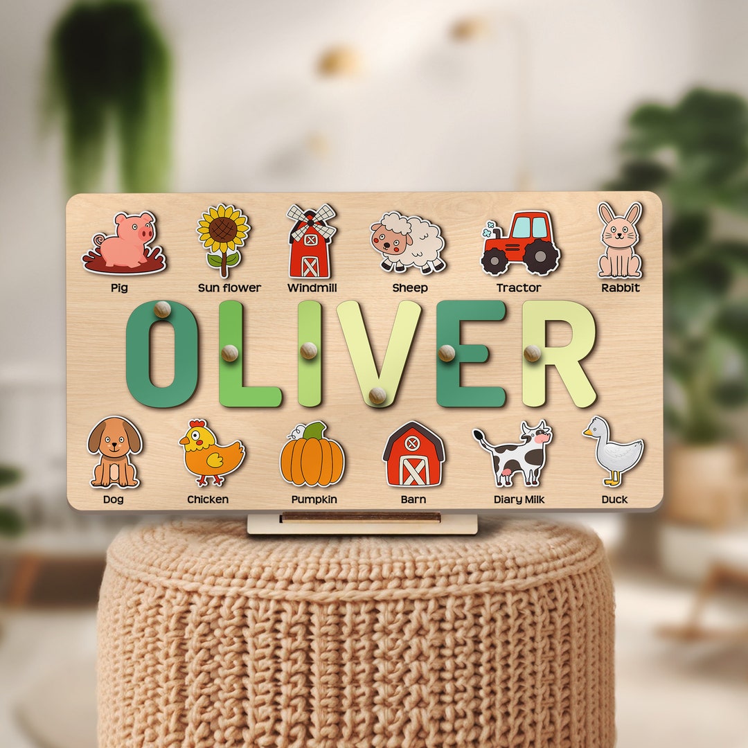 Large Farm Animal Name Puzzle Pig Sheep Tractor Montessori Toy Wooden ...