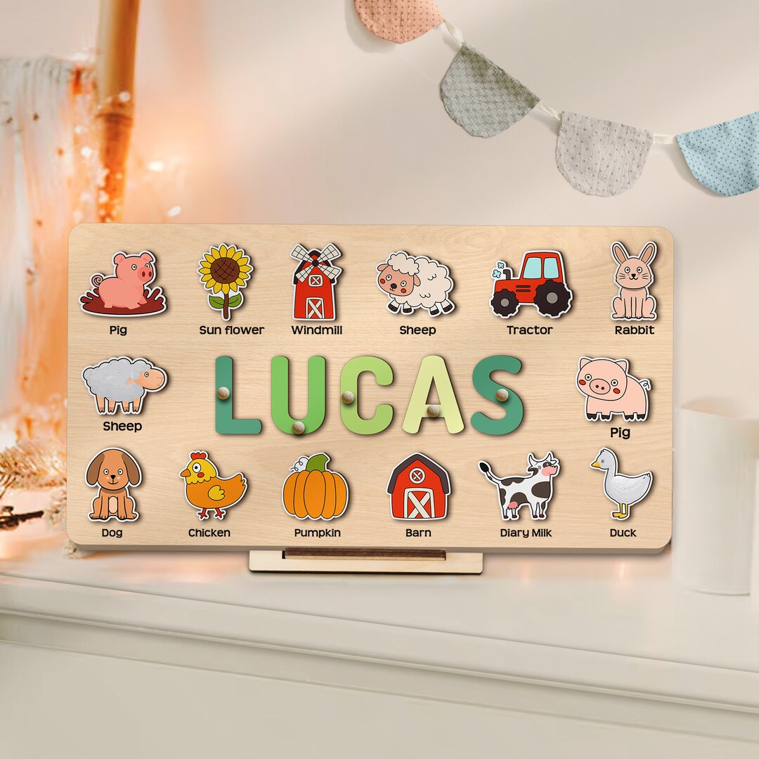 Custom Farm Animal Name Puzzle Pig Chick Sheep Tractor Barn Wooden Name ...