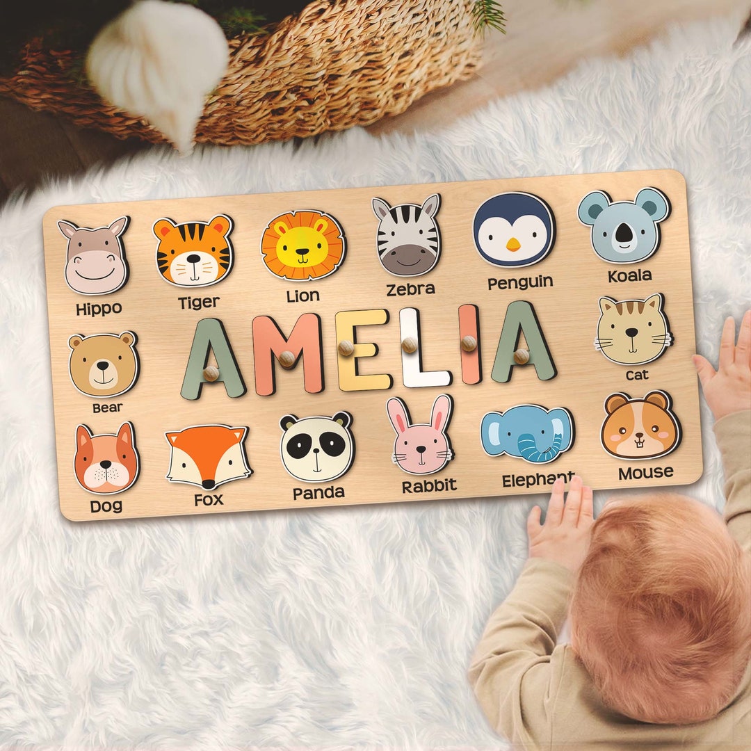 Custom Large Animal Name Puzzle Zoo Jungle Montessori Toy Birthday Baby ...