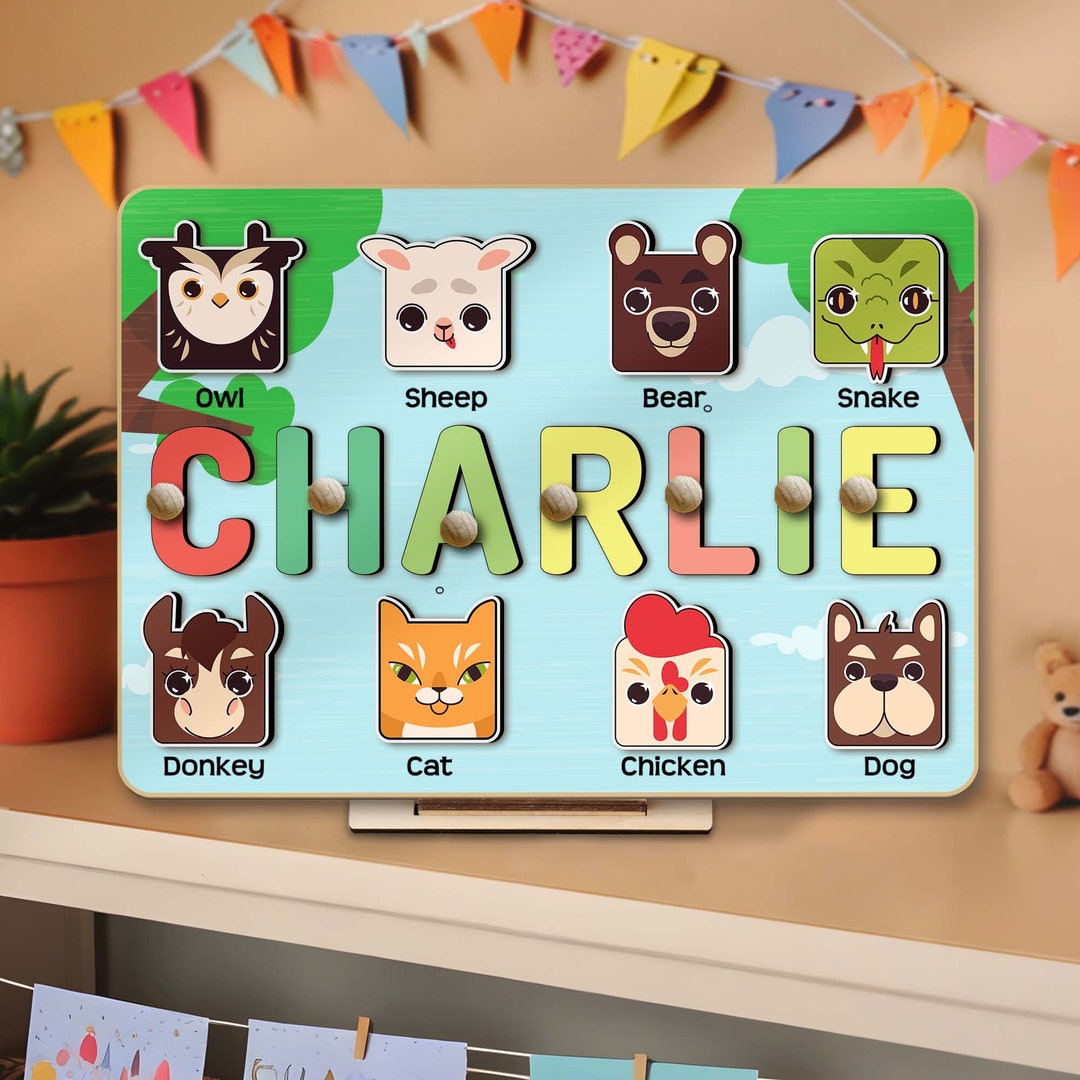 Custom Animals Name Puzzle Board Learning Play Wooden Baby Puzzle ...