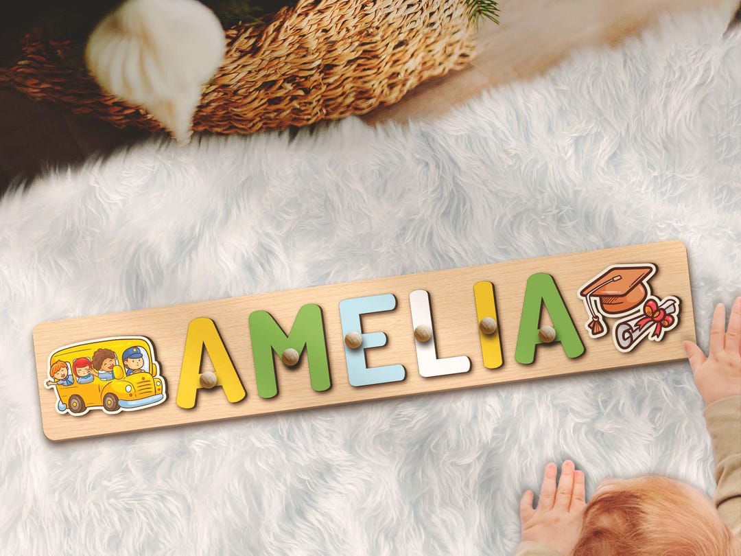 Custom School Bus Name Puzzle School Supplies Montessori Natural Toy ...
