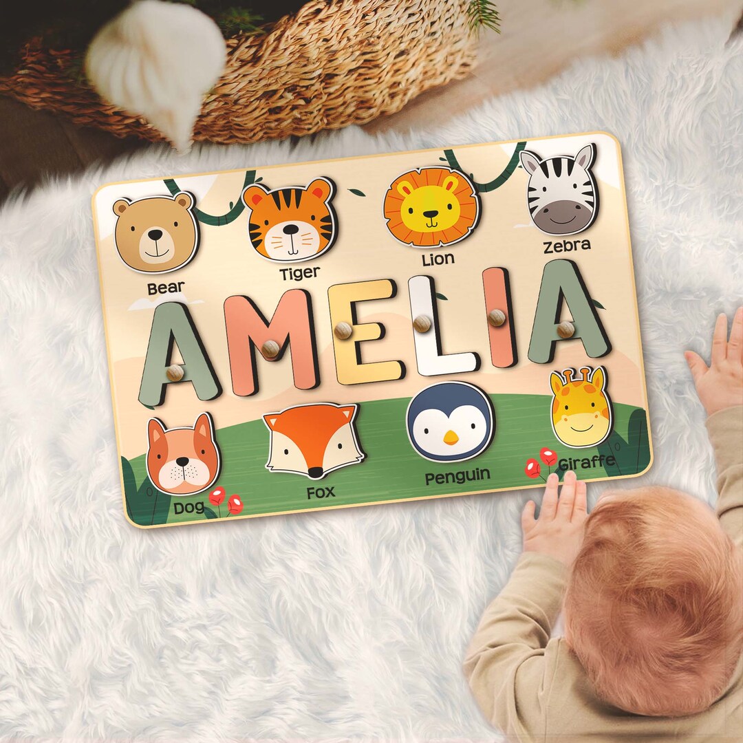 Custom Animal Name Puzzle Board Safari Nursery Theme Montessori Toy ...