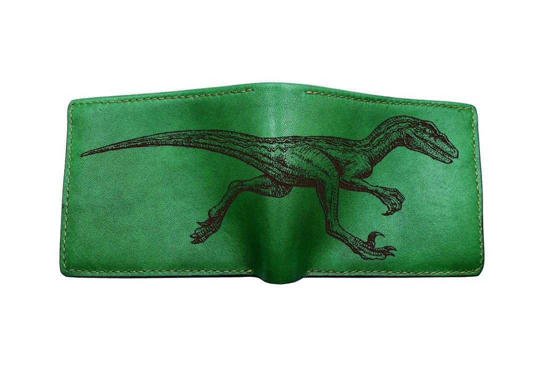 Blue Velociraptor Dinosaur Leather Men's Wallet, Custom Name Gift Ideas ...