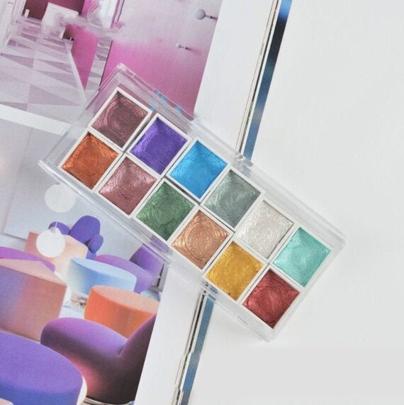 12 Colors Solid Watercolor Paints Set Textured Pearlescent | Etsy