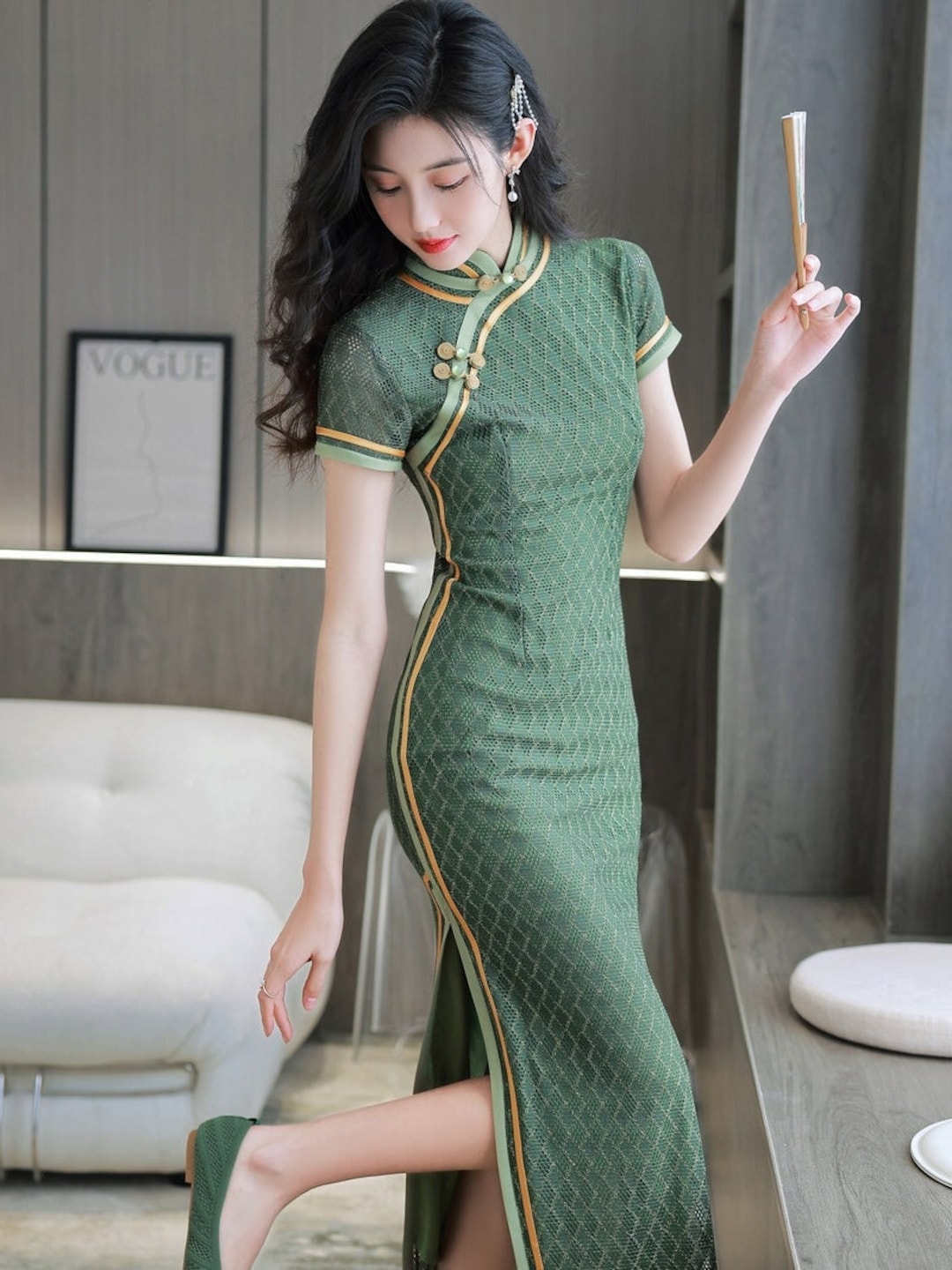Traditional Chinese Full Dress green Cheongsam Dress for Tea Ceremony ...