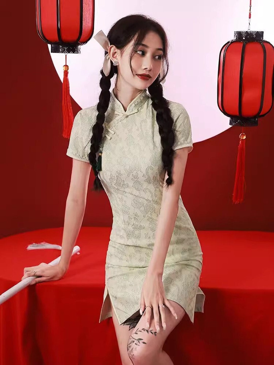 Green Cheongsam Dress Short Modern Qipao Traditional Chinese Dress Cute ...