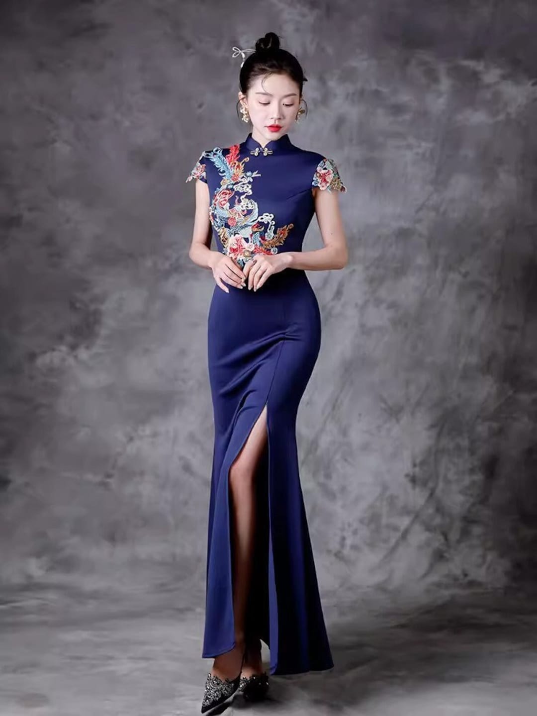 Blue Modern Qipao Dress Traditional Chinese Dress Gorgeous Embroidered ...