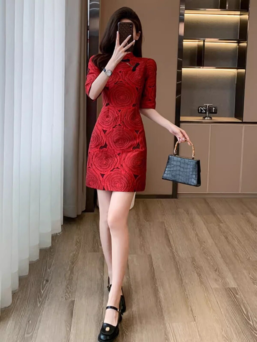 Short Chinese Cheongsam Dress Modern Qipao in Red Cute Mini Dress for ...