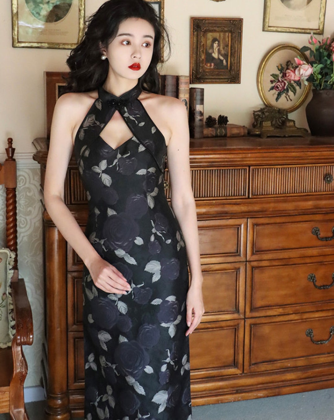 Sexy Black Cheongsam modern Off-shoulder Qipao Dress open-back Dress ...