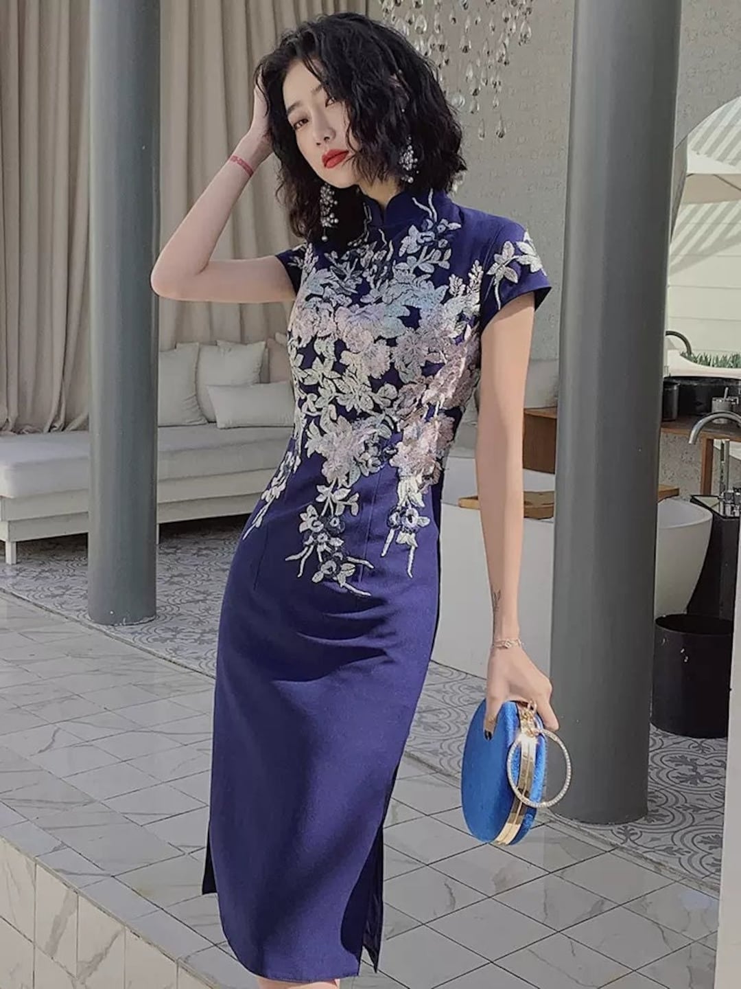 Blue Short Cheongsam. Embroidery Qipao Modern Dress. Traditional ...