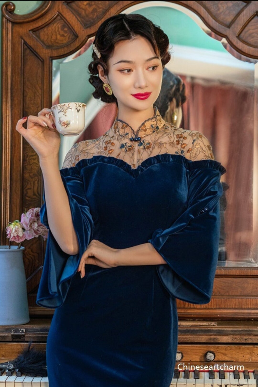 See Through Blue Dress Embroidery Cheongsam Lace Modern Etsy