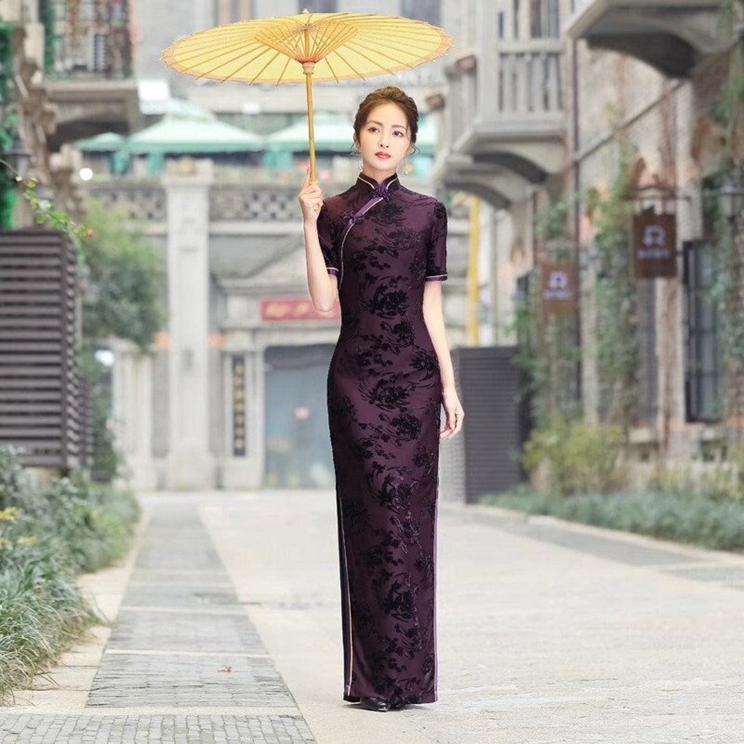 Traditional Chinese Dress velvet Purple Cheongsam stretchy Modern Qipao ...