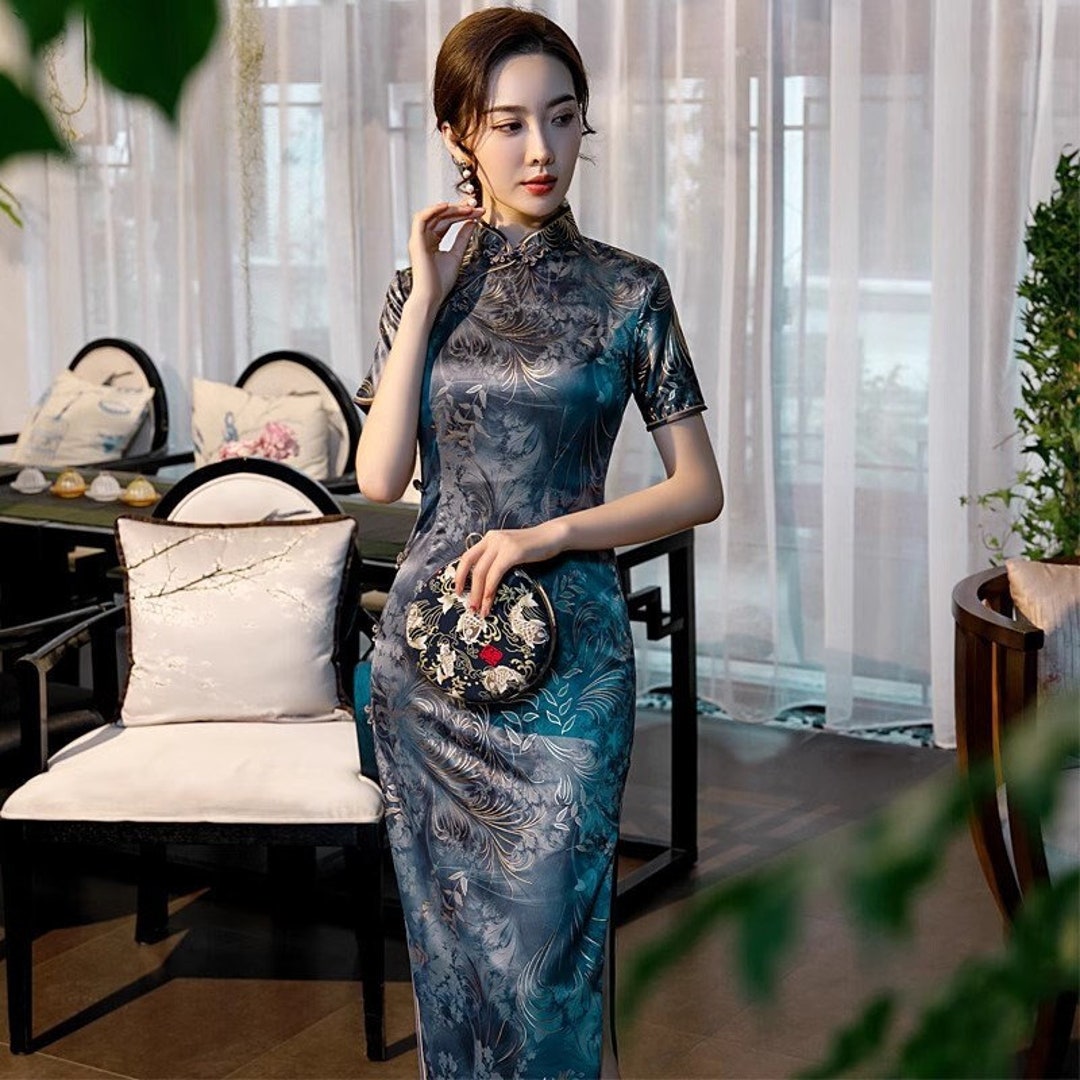 Traditional Blue Cheongsam Chinese Dress Short Sleeve Modern Qipao Tea ...