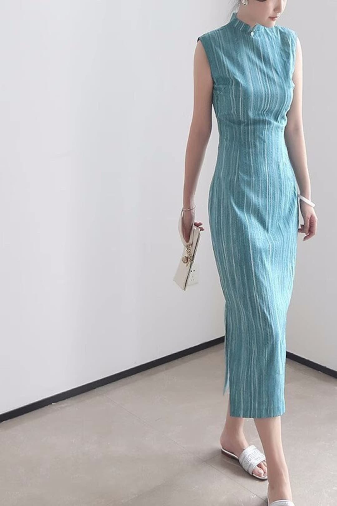 Minimalist Blue Cheongsam. Sleeveless Modern Qipao. Elegant Ball Gown ...