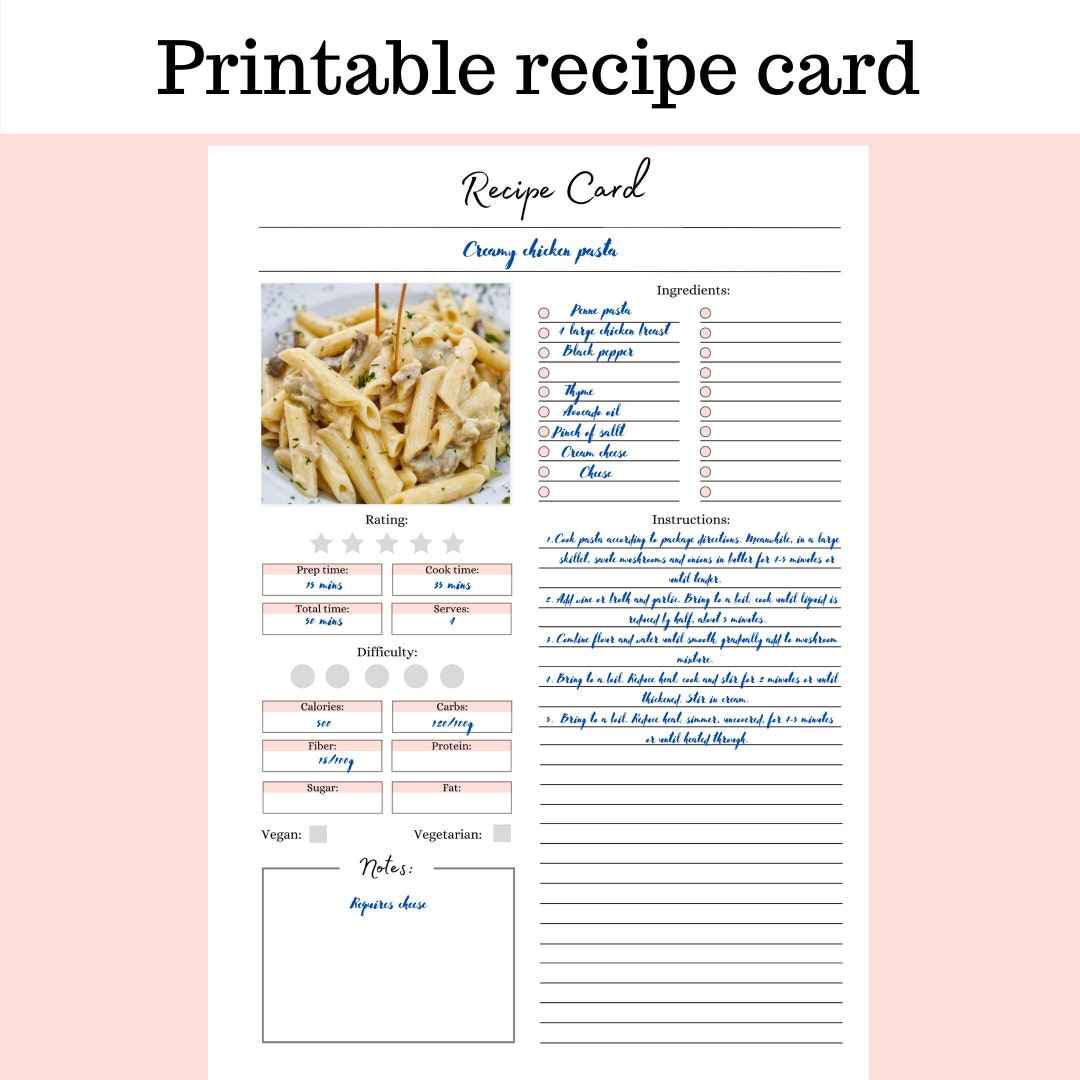 Recipe Card, Recipe Book Template, Cookbook Printable, Digital Cookbook ...