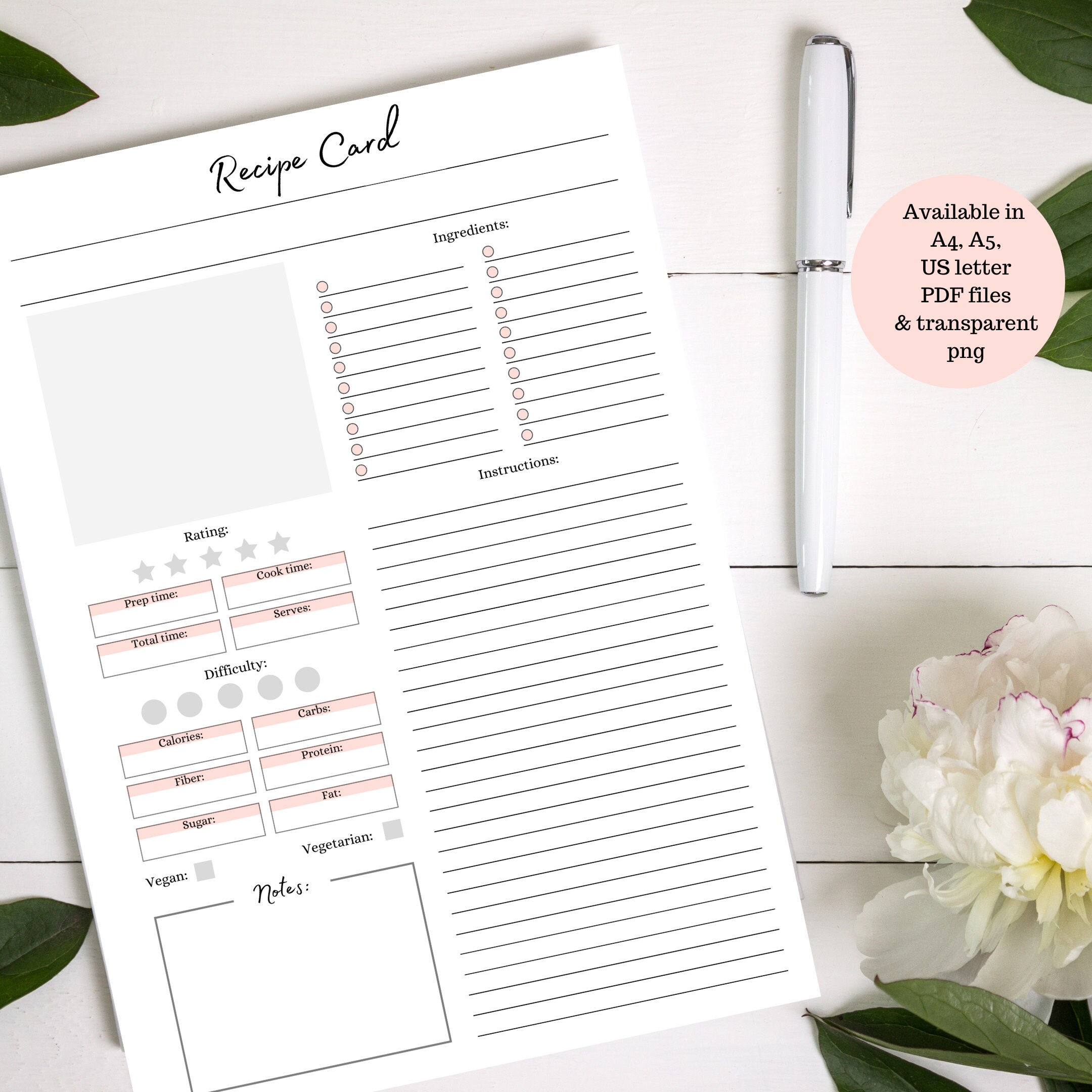 Recipe Card, Recipe Book Template, Cookbook Printable, Digital Cookbook ...