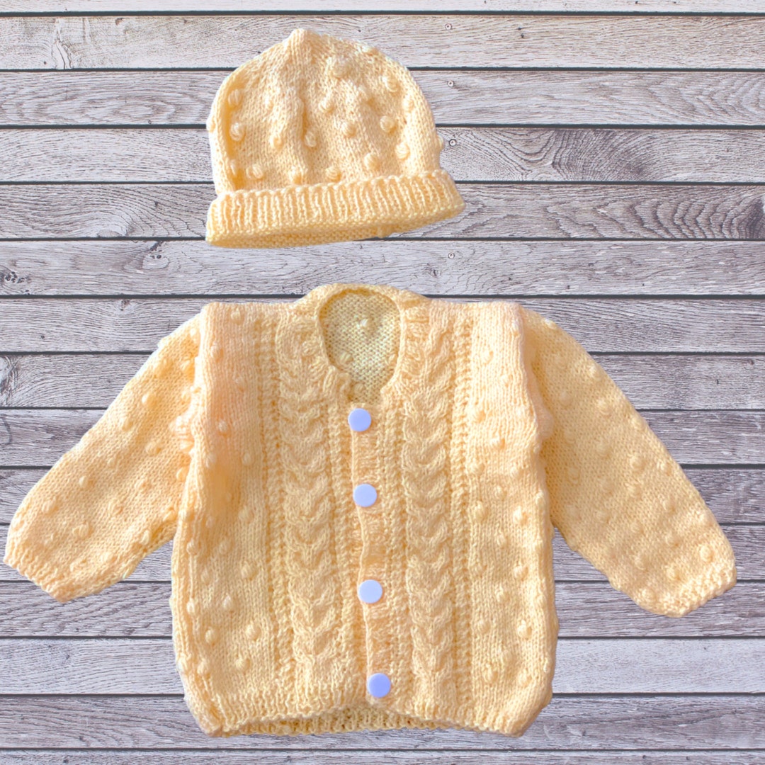 Handmade Wool Knit Baby Sweater Set: Mustard Yellow Cardigan & Hat 2 ...