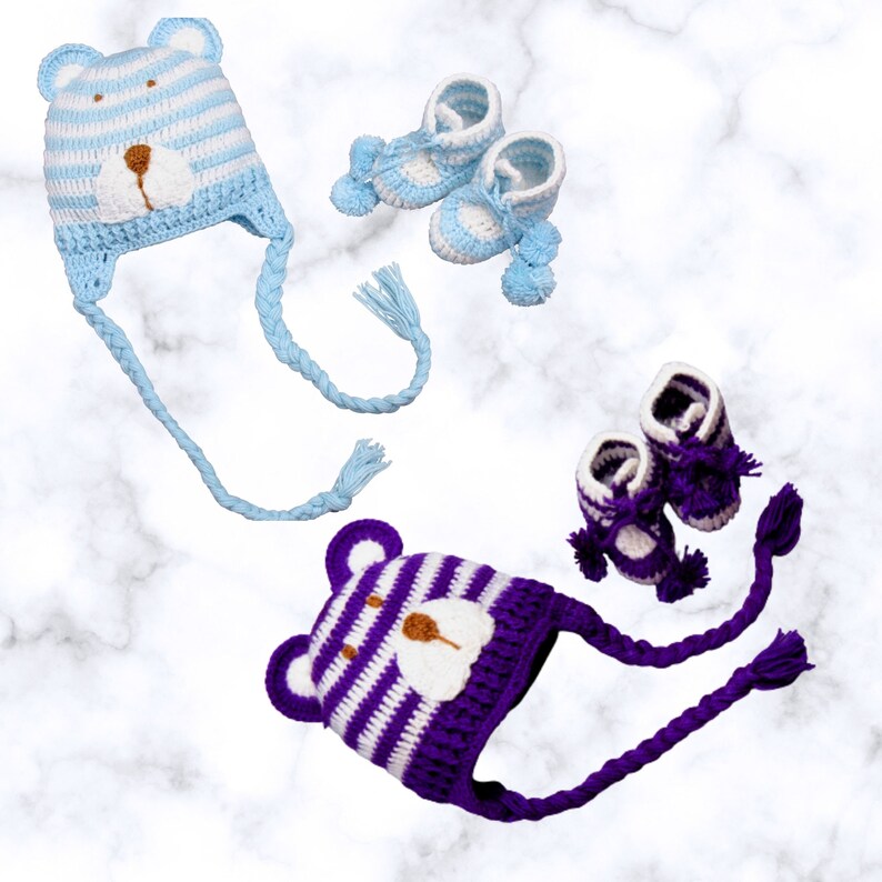 2 Pcs Purple & Blue Teddy Bear Hat Cap for Boy, Beanie Hat Baby ...