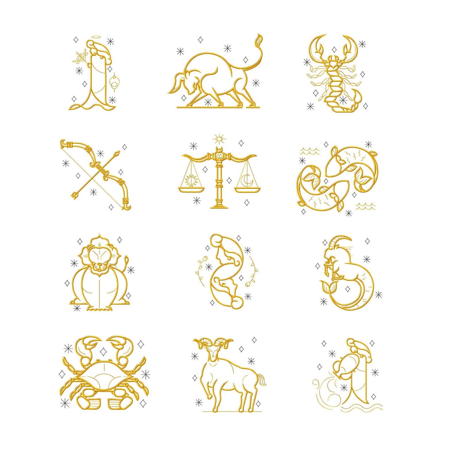 Zodiac Signs Embroidery Design Pack 12 Designs - 4 Sizes Instant ...