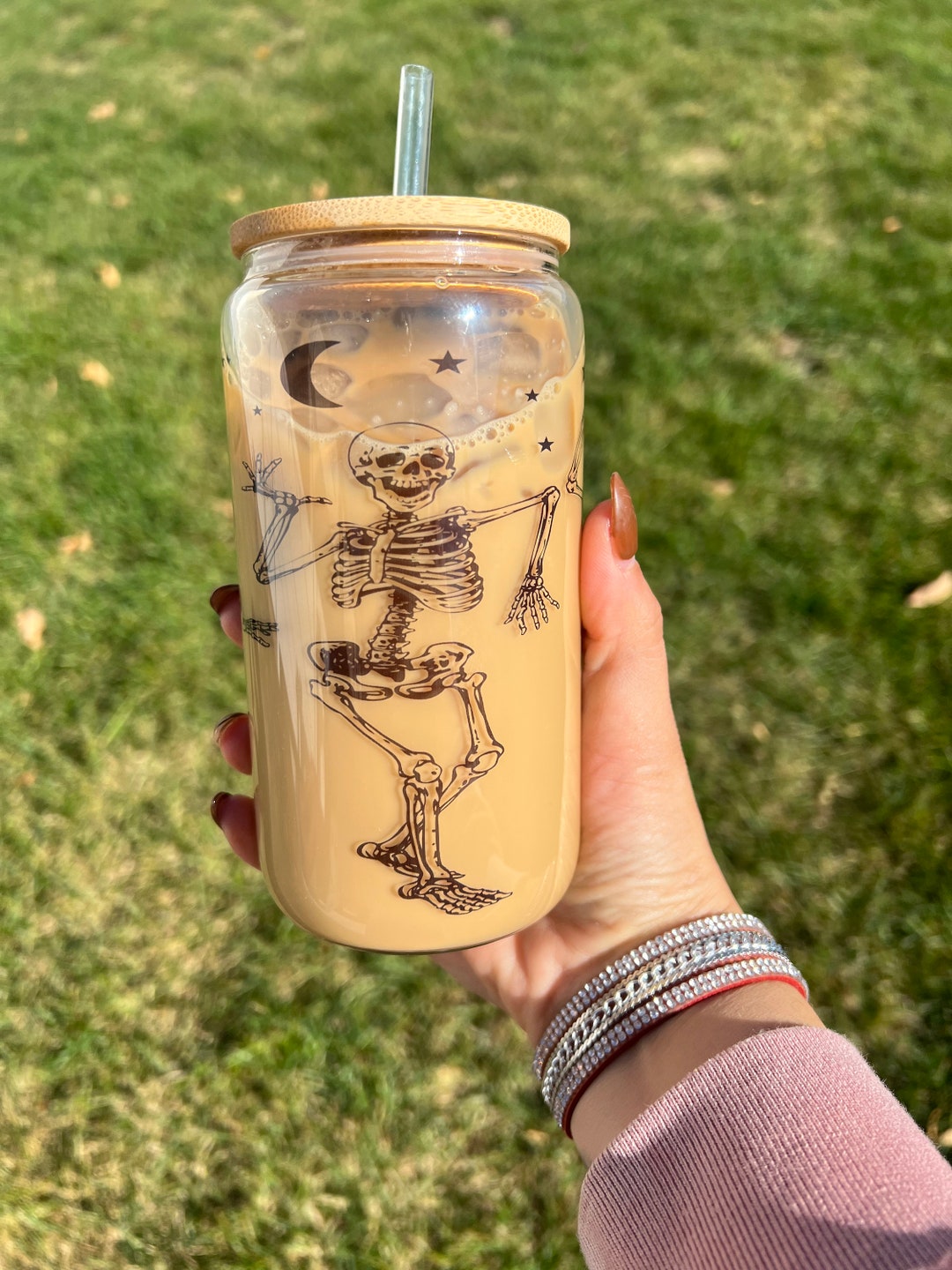 Spooky Skeleton Cup Halloween Glass Tumbler With Lid - Etsy