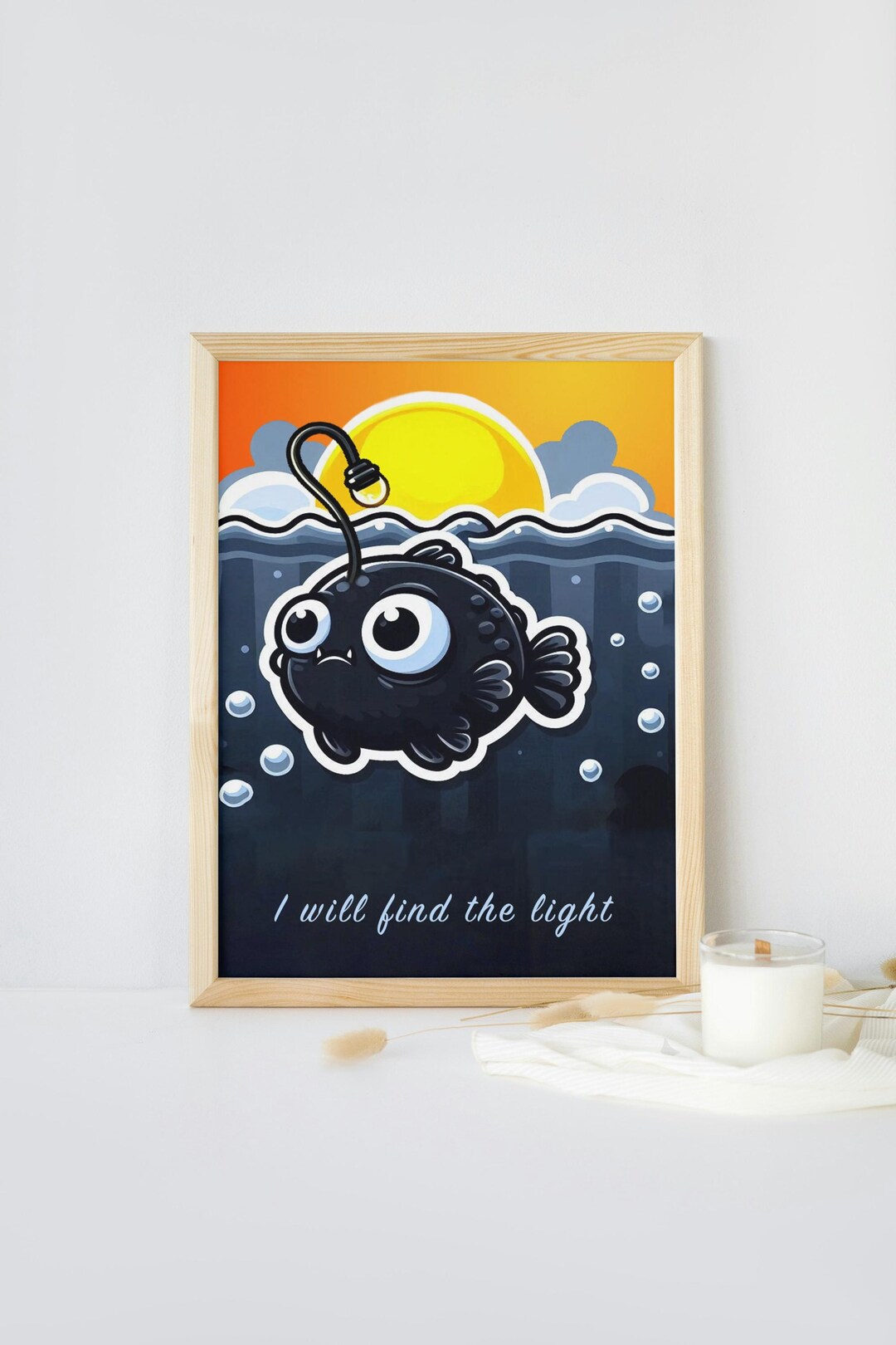 Cute Black Devil Anglerfish Motivational Print - Deep Sea Cartoon Art ...