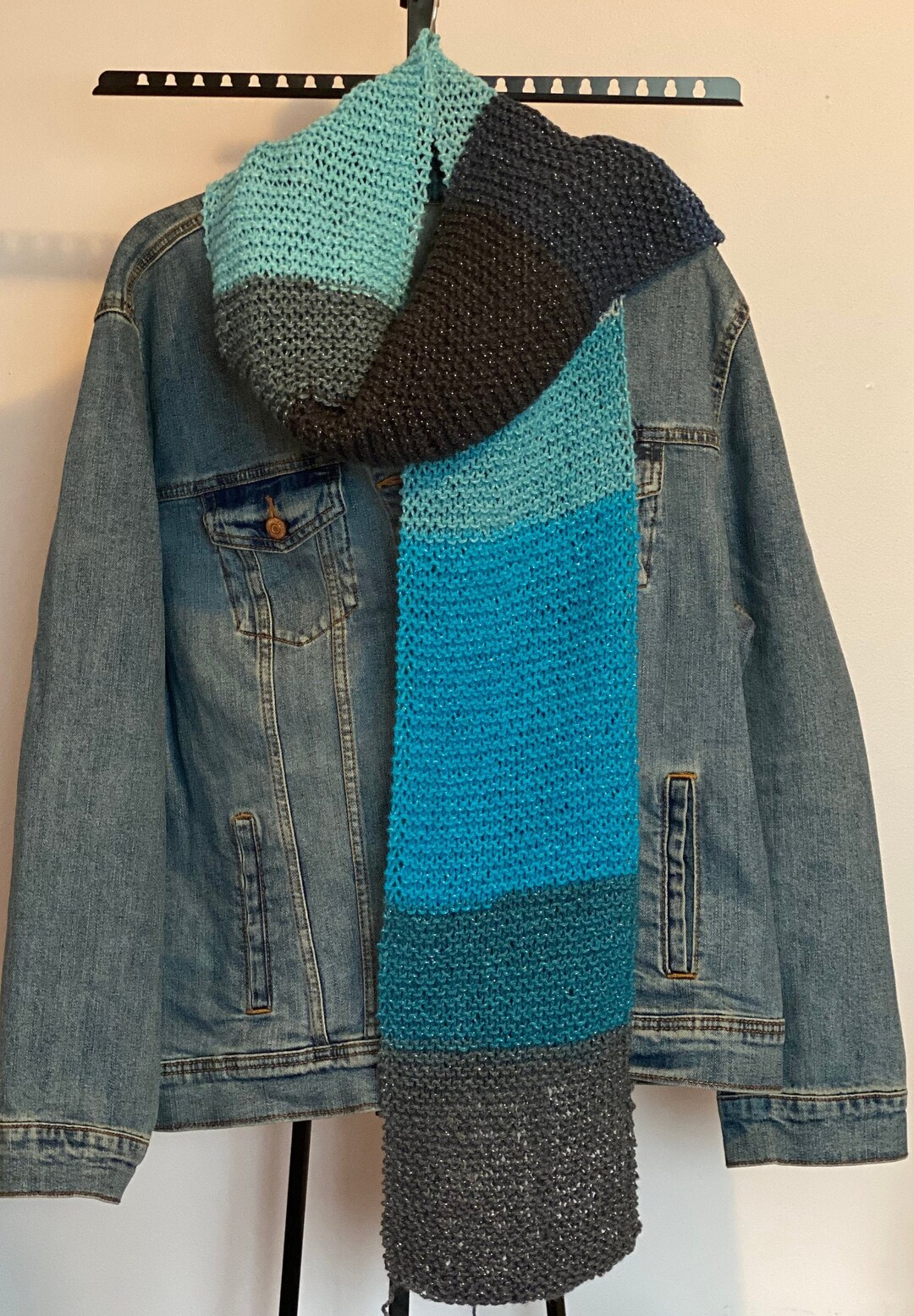 Blue Grey Block Knit Scarf - Etsy