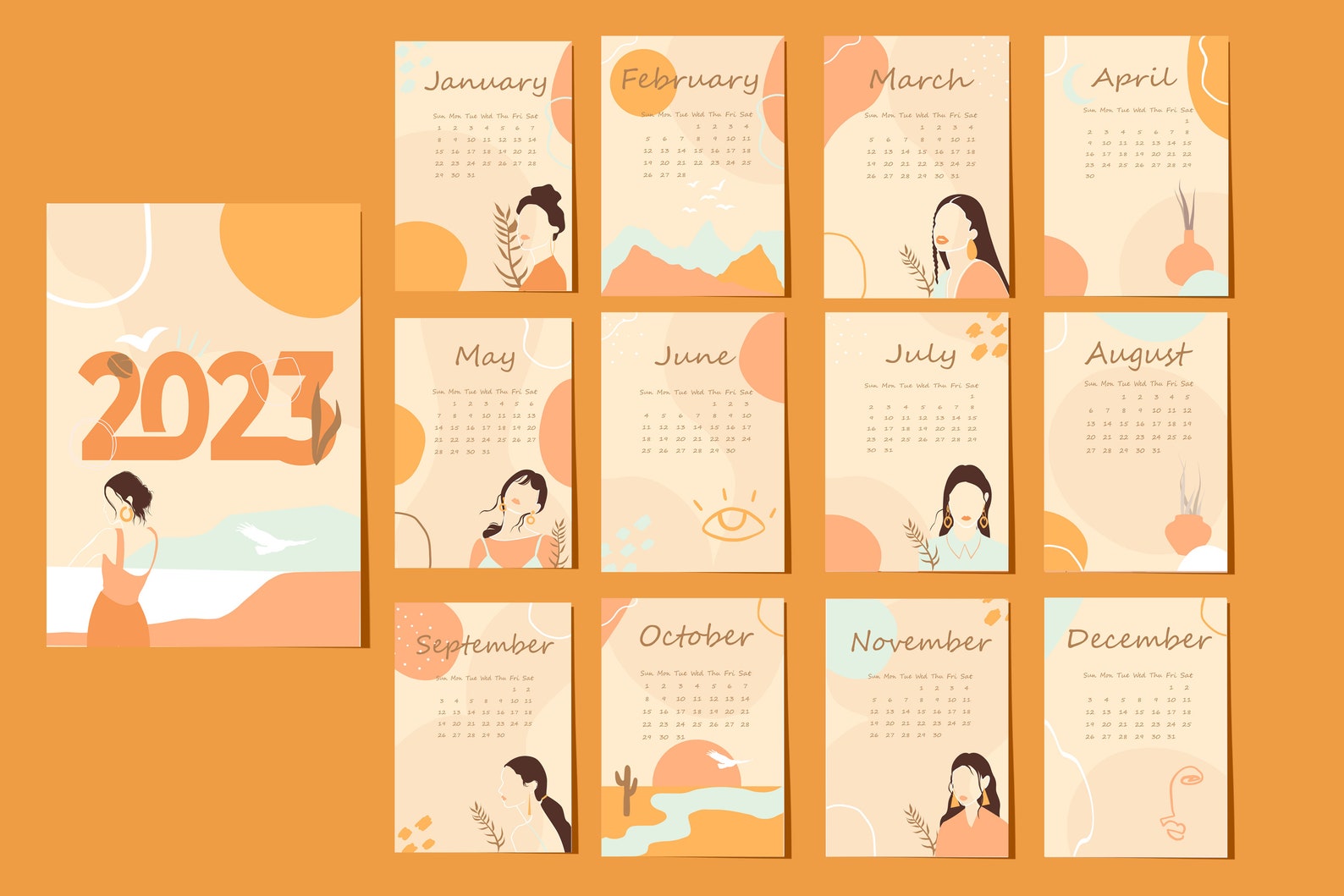 2023 Monthly Calendar Women ,bohemian Print, Printable Calendar, Summer ...