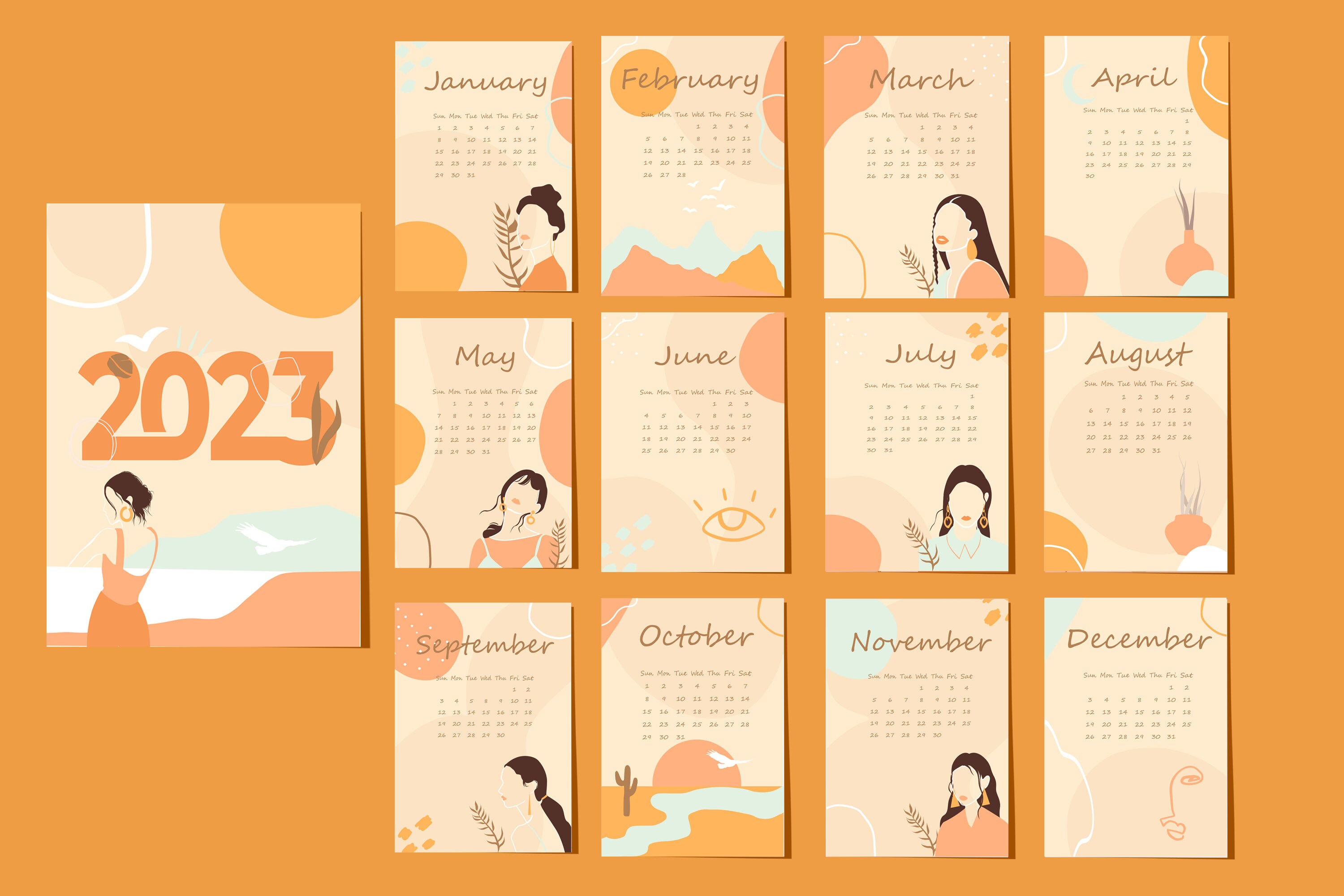 2023 Monthly Calendar Women ,bohemian Print, Printable Calendar, Summer ...