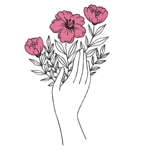 Line Art Woman With Flower Embroidery Design - Etsy