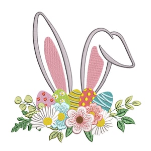 Easter Bunny Ears With Floral Crown and Eggs Embroidery Design, 3 Sizes ...