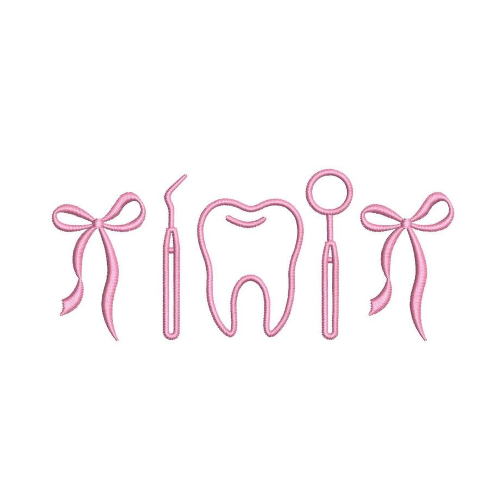 Dental Tooth Pink Bow & Tools Machine Embroidery Design, Dentist Gift ...