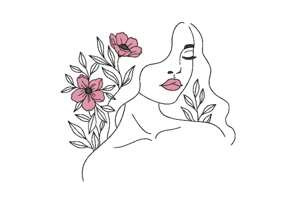 Women's Face With Flowers Embroidery Design Line Art - Etsy