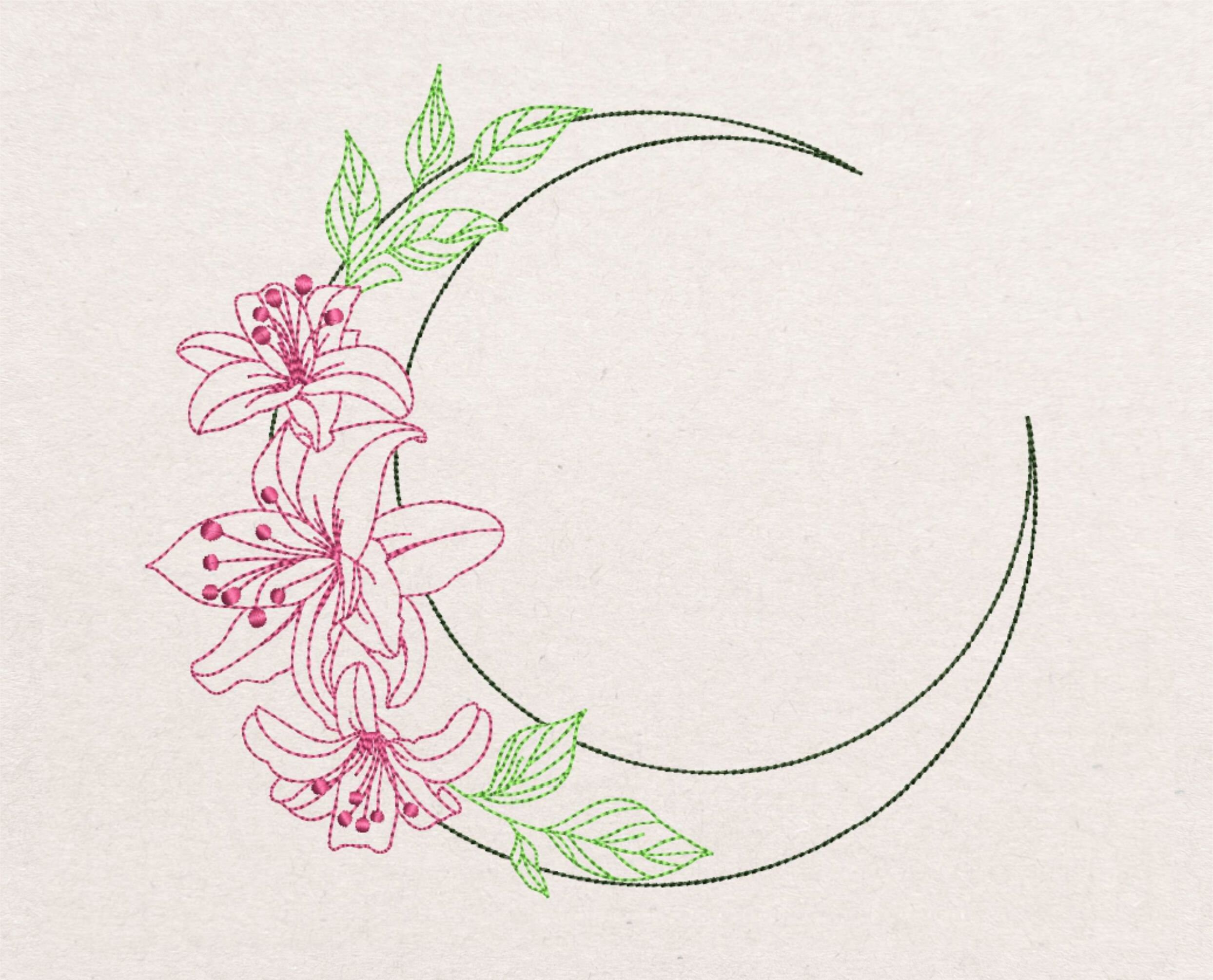 Floral moon embroidery design | Etsy
