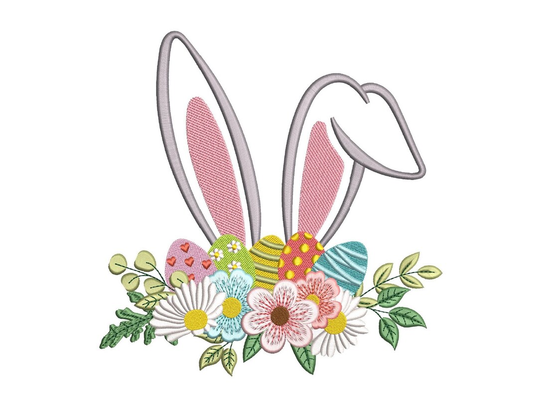 Easter Bunny Ears With Floral Crown and Eggs Embroidery Design, 3 Sizes ...